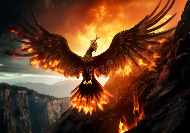 Flying Phoenix with Open Wings Surrounded with Fire and Rocky Mountain ...