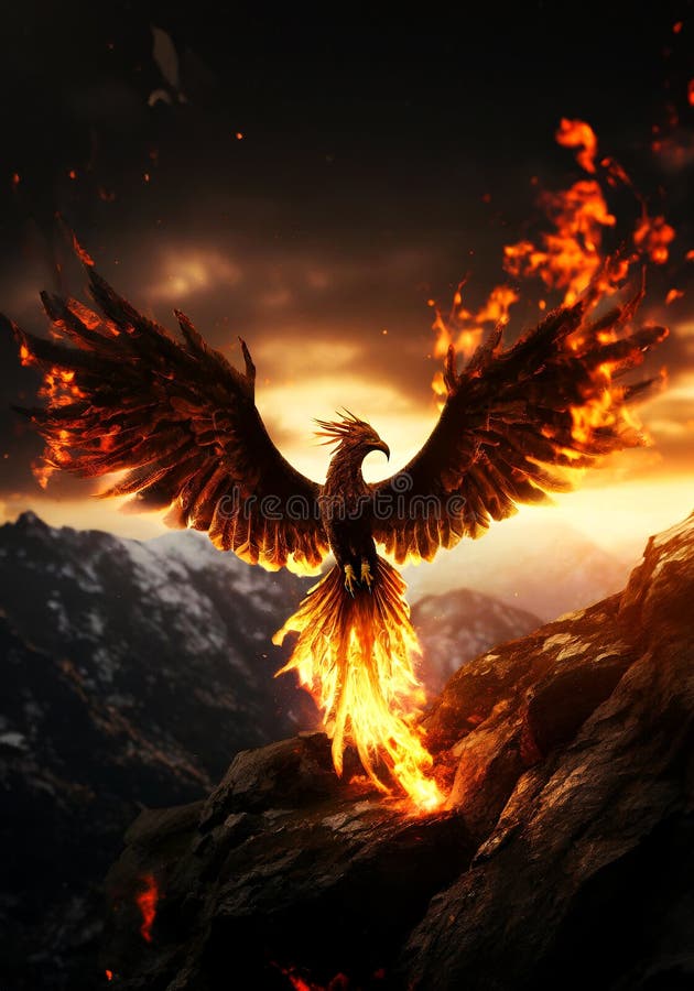Flying Phoenix with Open Wings Surrounded with Fire and Rocky Mountain ...