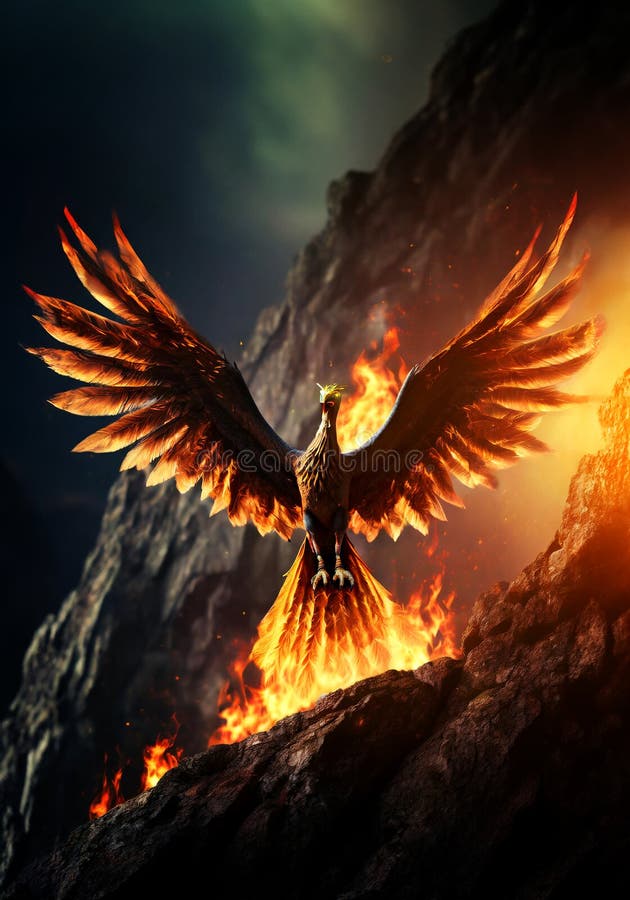 Flying Phoenix with Open Wings Surrounded with Fire and Rocky Mountain ...