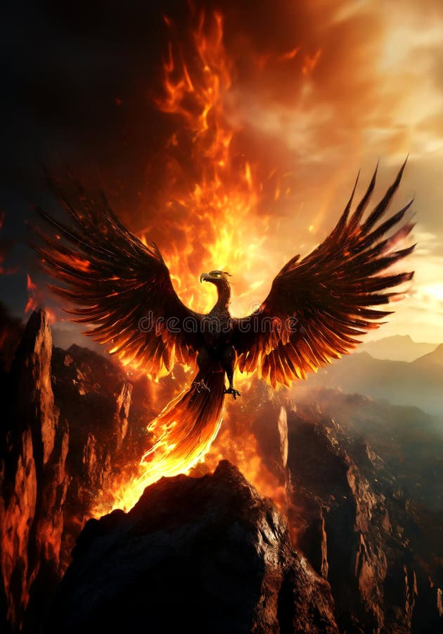 Flying Phoenix with Open Wings Surrounded with Fire and Rocky Mountain ...