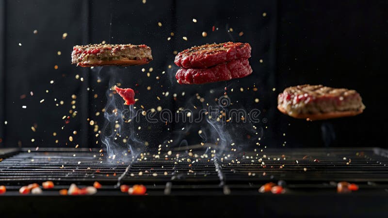 Flying Pieces of Beef Meat on Hamburger from Grill Grid, Isolated on ...