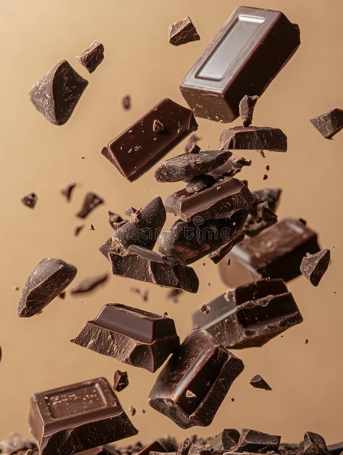 Flying Pieces of Broken Chocolate Bars on a Brown Background Stock ...