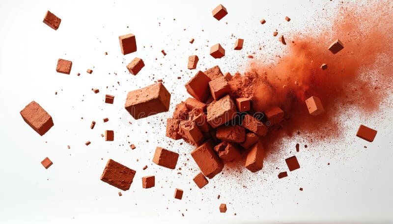Flying Pieces of Broken Red Brick on White Background. Abstract Shot of ...