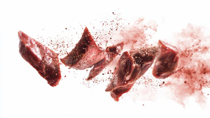 Flying Pieces of Meat with Spices in Motion Stock Photo - Image of ...