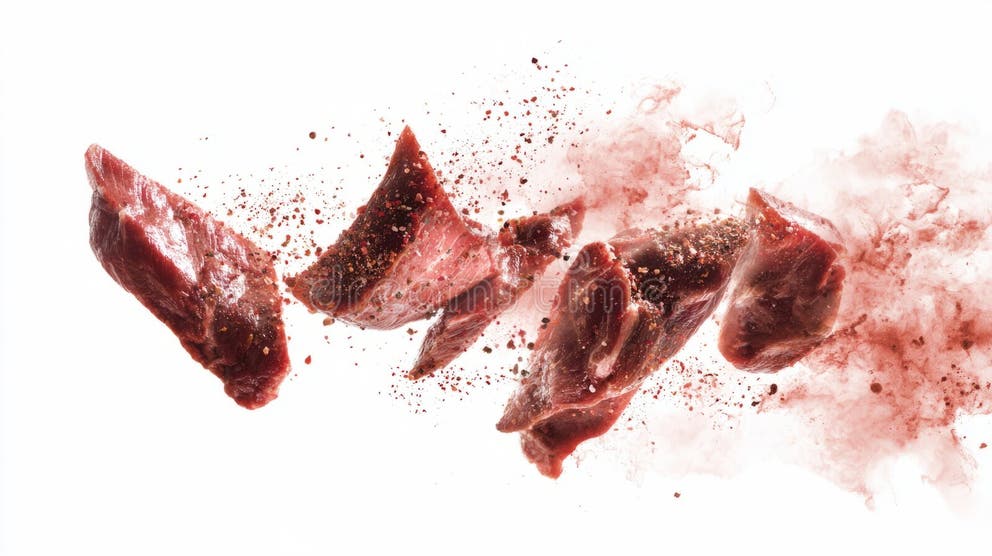 Flying Pieces of Meat with Spices in Motion Stock Photo - Image of ...