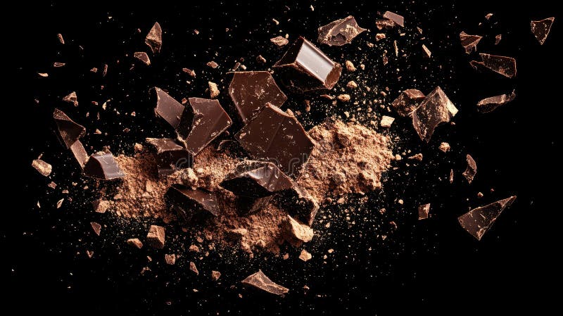 Flying Pieces and Powder of Broken Chocolate on Black Background Stock ...