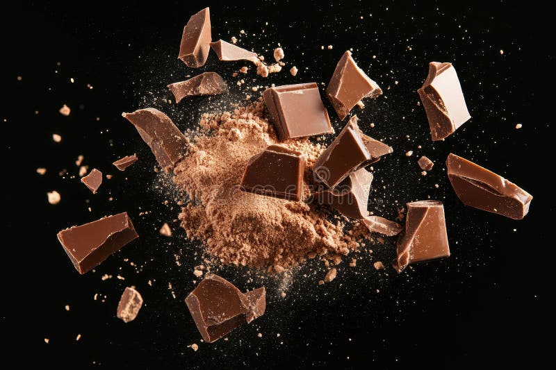 Flying Pieces and Powder of Broken Chocolate on Black Background Stock ...