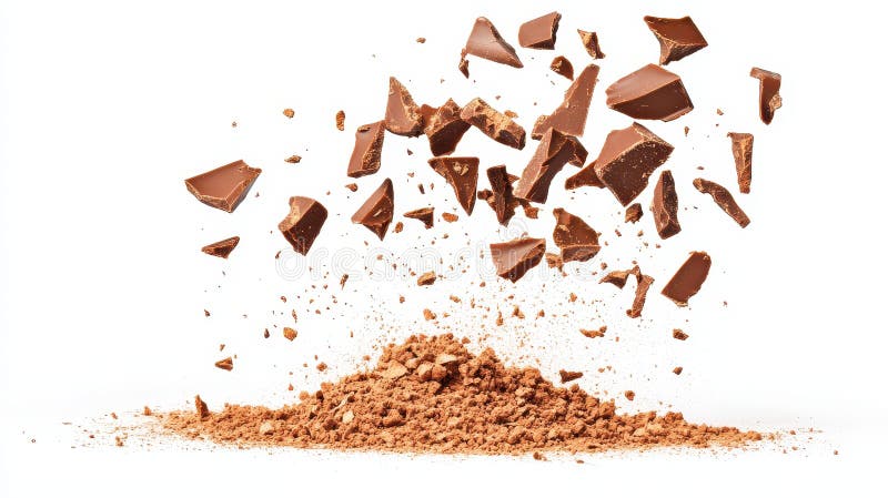 Flying Pieces and Powder of Broken Chocolate on White Background Stock ...