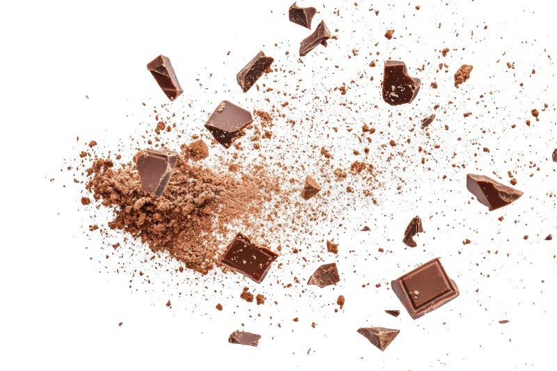 Flying Pieces and Powder of Broken Chocolate on White Background Stock ...