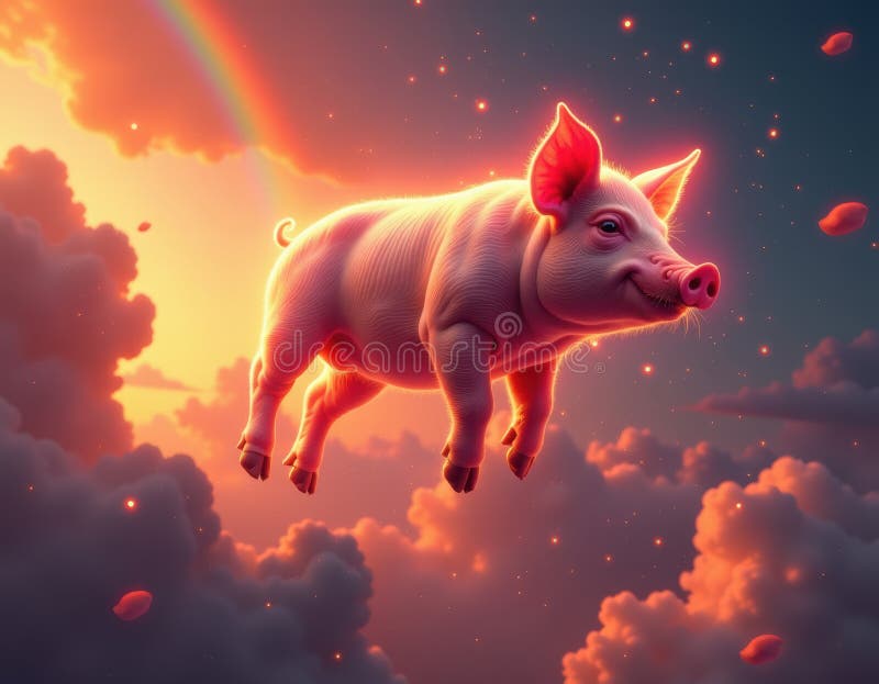 Flying Pig in Sunset Sky stock illustration. Illustration of airborne ...