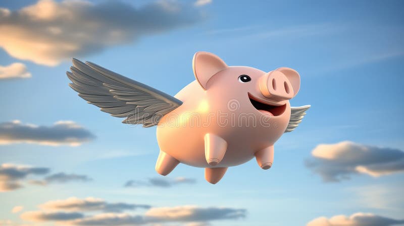 Flying Pig with Wings Soaring through Blue Sky - Conceptual Fantasy ...