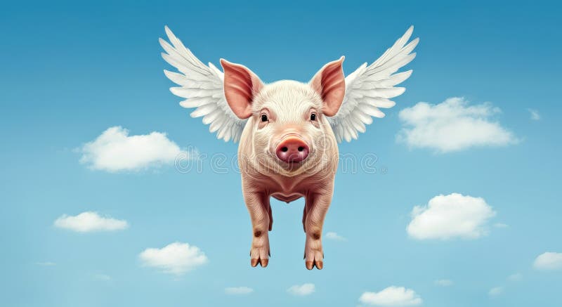 Flying Pig with Wings Soaring through a Blue Sky with Fluffy Clouds ...