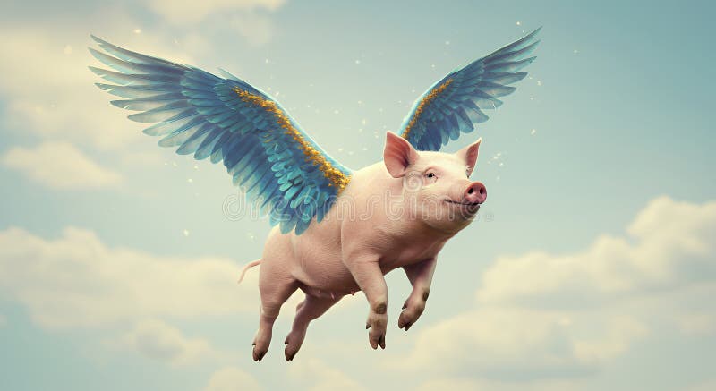 Flying Pig with Wings Soaring in the Sky with Clouds Stock Illustration ...