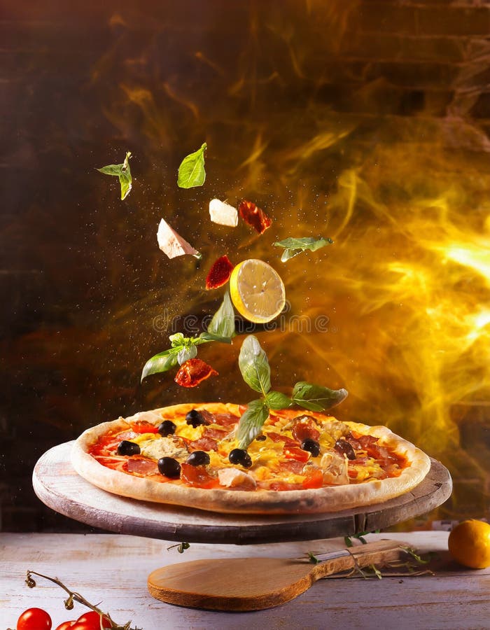 Flying Pizza Slice with Melted Cheese and Vegetables. Generative AI ...