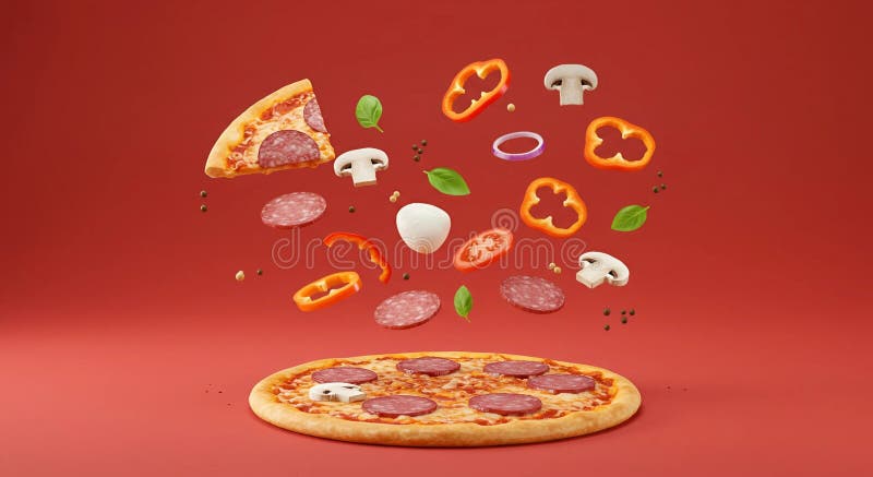 Flying Pizza Ingredients in Creative Levitation Scene Stock ...