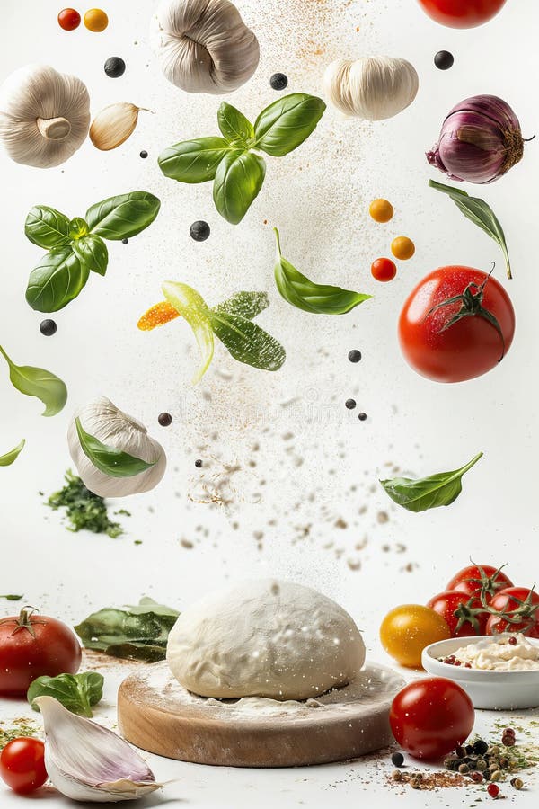 Flying Pizza Ingredients. Dough with Tomatoes and Basil Leaves Isolated ...