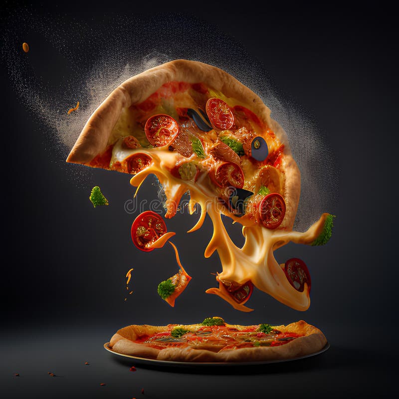 Flying Pizza with Flying Ingredients Isolated on Black Background. 3d ...