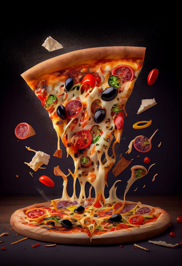 Flying Pizza Slice with Melted Cheese and Vegetables. Generative AI ...