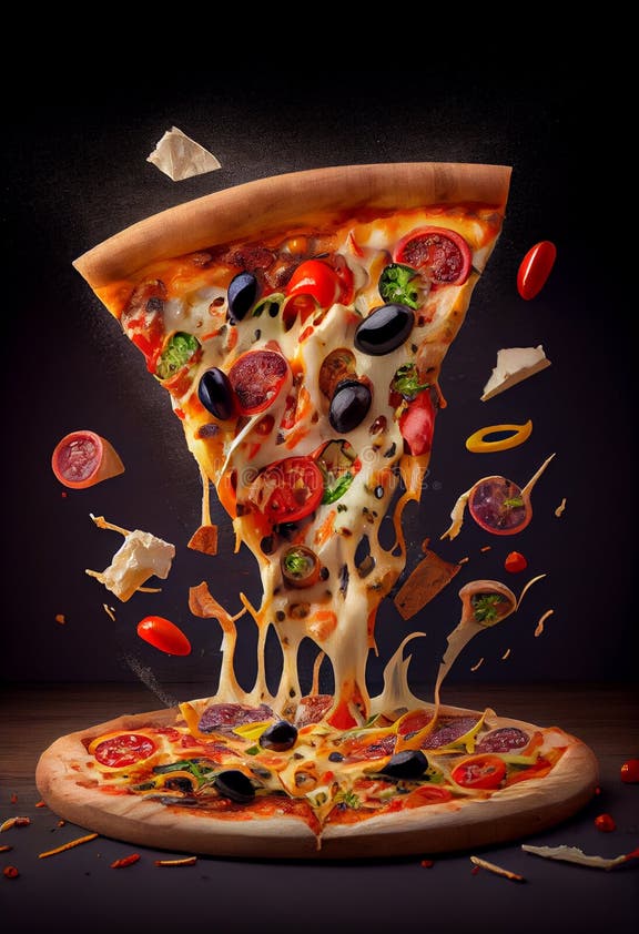 Flying Pizza Slice with Melted Cheese and Vegetables. Generative AI ...