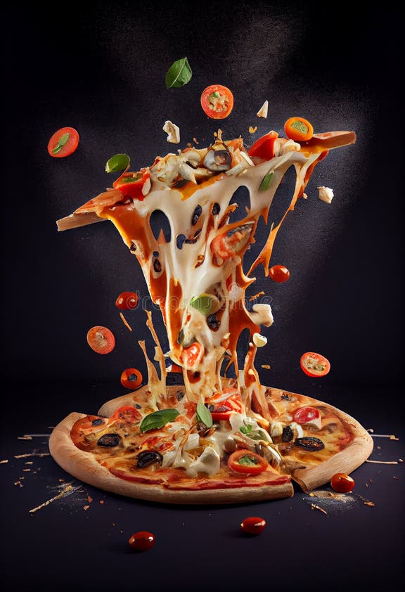 Flying Pizza Slice with Melted Cheese and Vegetables. Generative AI ...