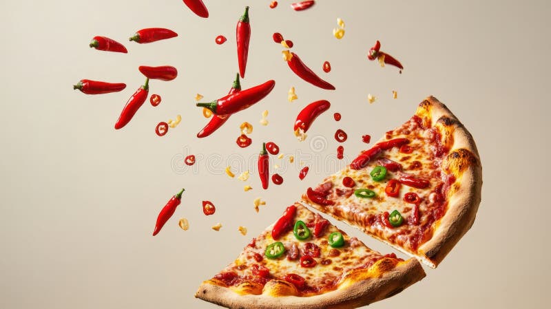 Flying Pizza Slice with Spicy Chili Peppers on Neutral Background Stock ...
