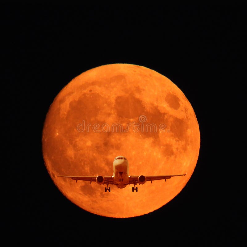 Flying Plane Against the Background of Red Moon Stock Image - Image of ...