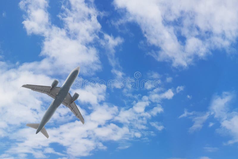 Flying Plane in Blue Sky with Clouds on White Background Stock Image ...