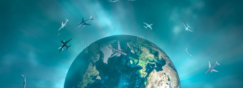 Flying Planes and Earth Globe Stock Illustration - Illustration of ...