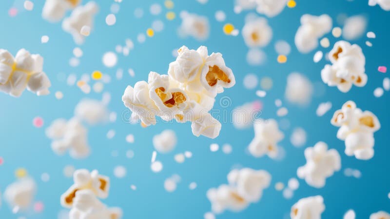 Flying Popcorn Kernels Against Blue Background, Fun Snack Concept Stock ...