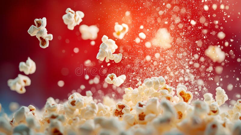 Flying Popcorn Kernels with Dramatic Lighting on a Red Background Stock ...