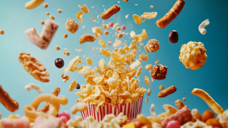 Flying Popcorn and Snacks Mix Against Blue Background Stock ...