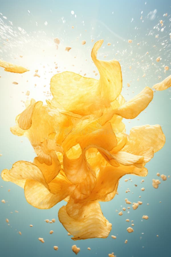 Flying Potato Chips on a Dark Background with Rays Stock Photo - Image ...