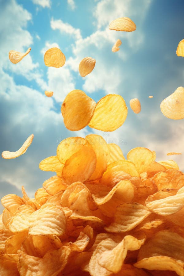 Flying Potato Chips on a Blue Background with Clouds Stock Image ...