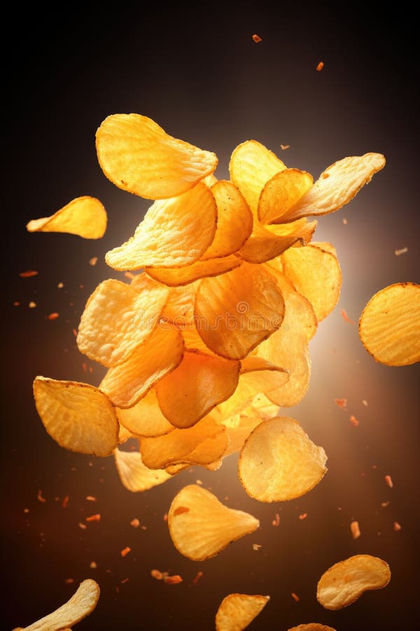 Flying Potato Chips on a Blue Background with Clouds Stock Image ...
