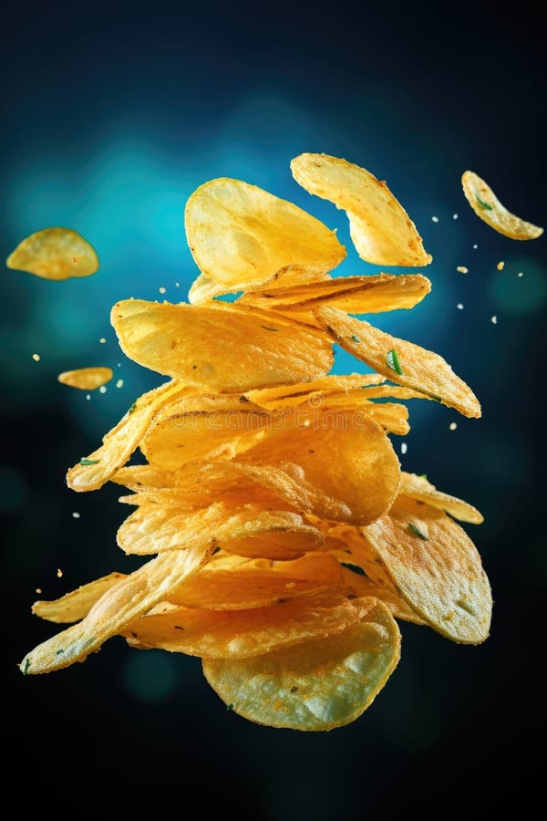 Flying Potato Chips on a Dark Background with Species Stock Photo ...