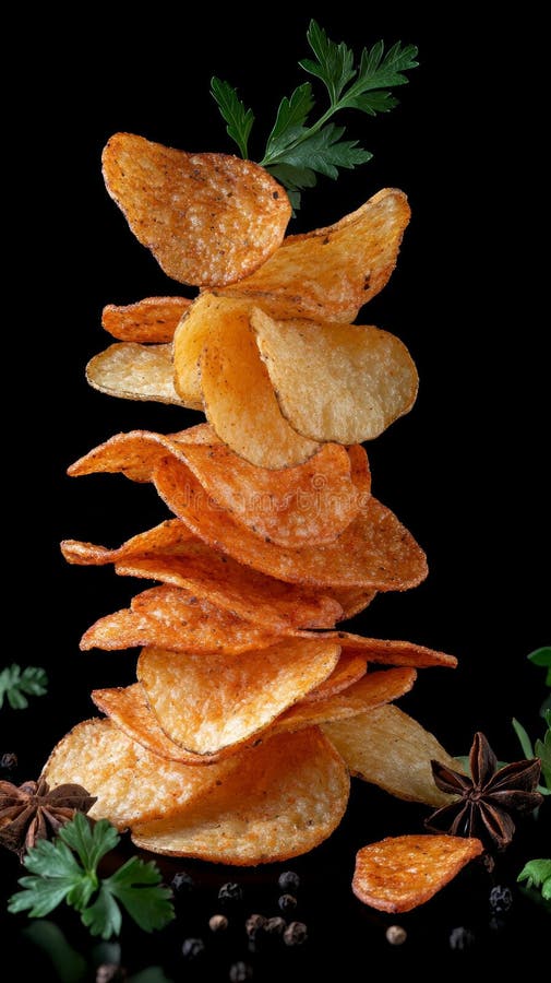 Flying Potato Chips Elegantly Arranged with Spices and Herbs Creating a ...