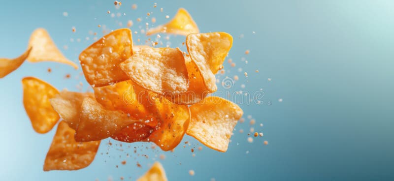 Flying Potato Chips in Mid-air with a Blue Gradient Background Stock ...