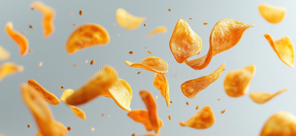 Flying Potato Chips in Mid-air Creating a Dynamic Snack Scene Stock ...