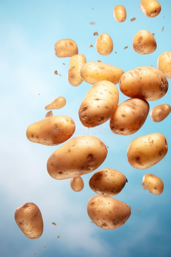 Flying Potatoes on Blue Background. Stock Photo - Image of health ...