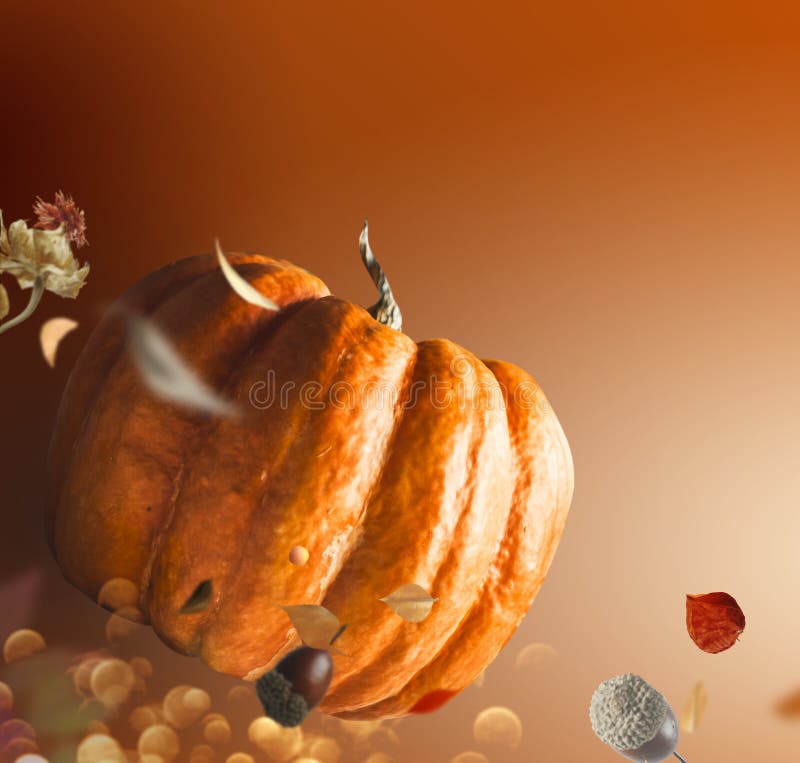 Flying Pumpkin with Falling Leaves on Brown Background Stock Photo ...