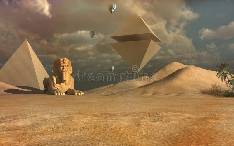 Sphinx and flying pyramids stock illustration. Illustration of ...