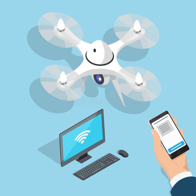 Flying Quadcopter, Computer, Man Hand with Phone Stock Vector ...