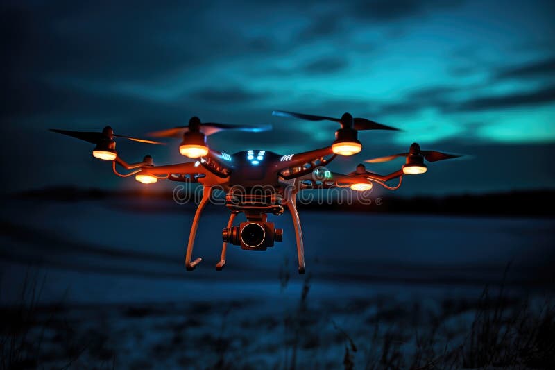 Flying Quadcopter with Illumination at Night Stock Illustration - Illustration of quadrocopter ...