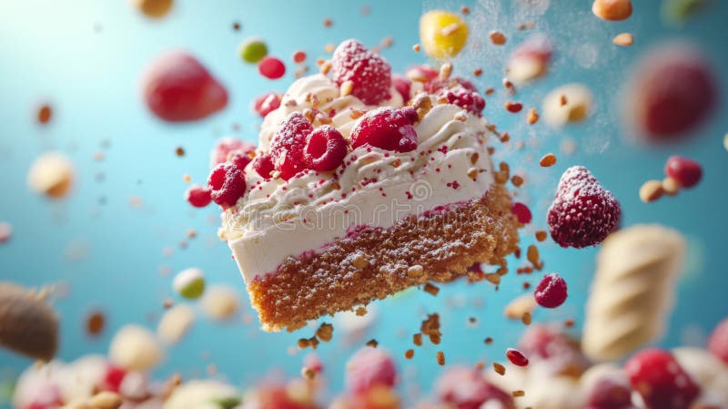 Flying Raspberry Cream Cake with Nuts and Berries Stock Illustration ...