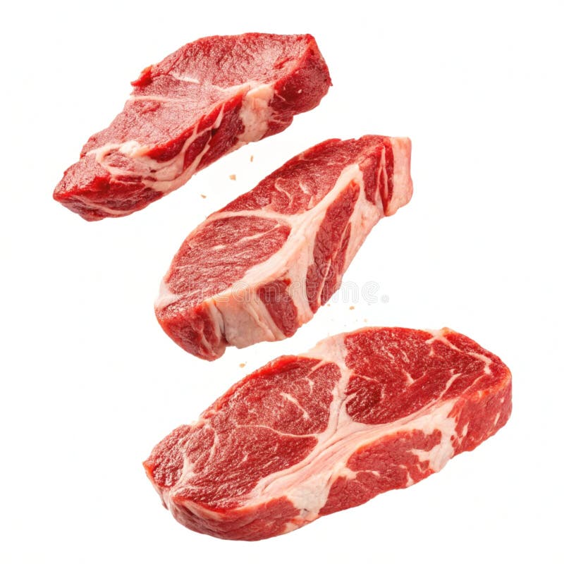 Flying Raw Beef Steaks Isolated on White Background Stock Illustration ...