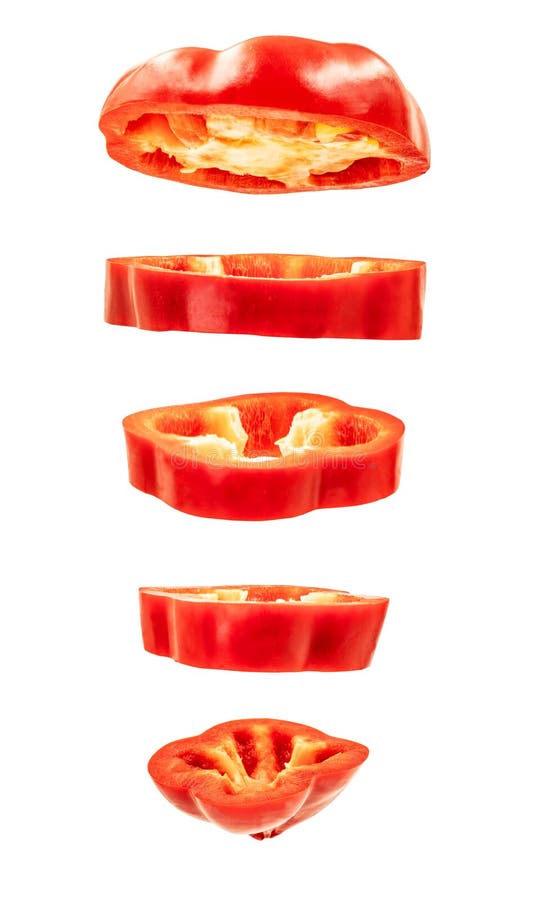Flying Red Bell Pepper Slices Isolated on a White Background Stock ...