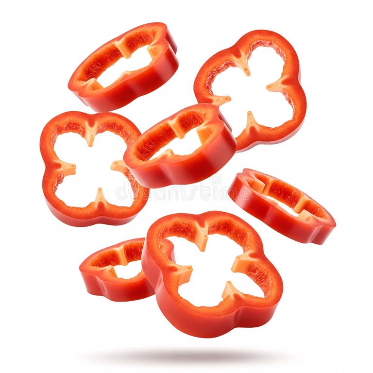 Flying Red Bell Pepper Slices on White Background Stock Photo - Image ...