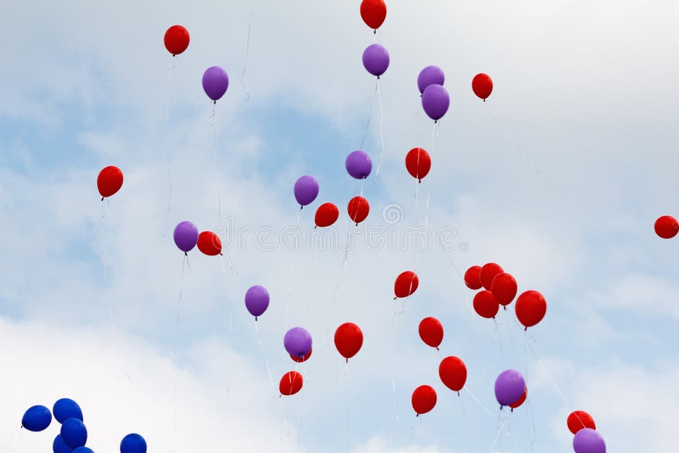 Flying Red and Blue Balloons Stock Photo - Image of ribbon, flying ...
