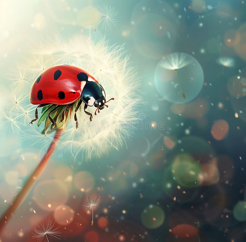 Flying Red Ladybug with White Dandelion Fluffy Stock Illustration ...