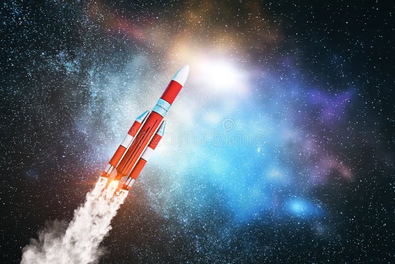 Flying Red Rocket on Space Sky Background Stock Illustration ...
